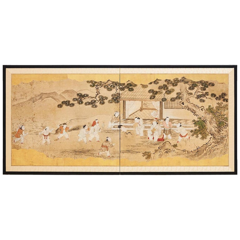 Japanese Two-Panel Kano School Meiji Period Screen For Sale at 1stDibs
