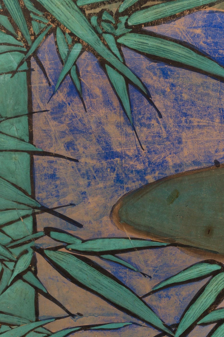 Japanese Two Panel Screen Amorous Cranes and Turtles For Sale at 1stDibs