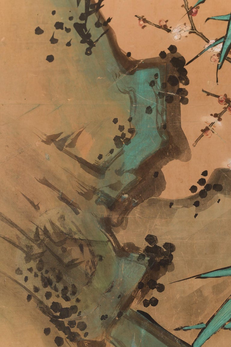 Japanese Two Panel Screen Amorous Cranes and Turtles For Sale at 1stDibs