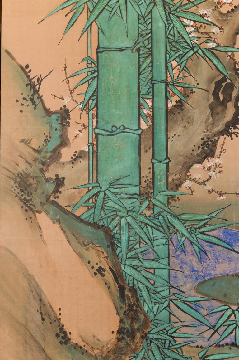 Japanese Two Panel Screen Amorous Cranes and Turtles For Sale at 1stDibs