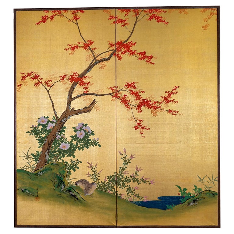 Japanischer Raumteiler mit zwei Tafeln, Herbstahorn und Quail im ...