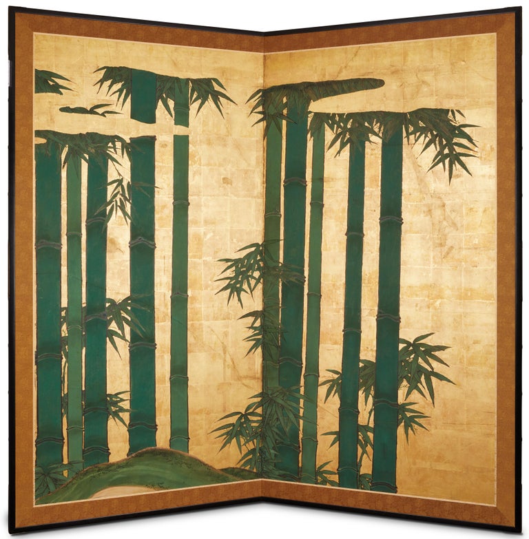 Japanese Two Panel Screen: Bamboo on Gold For Sale at 1stDibs