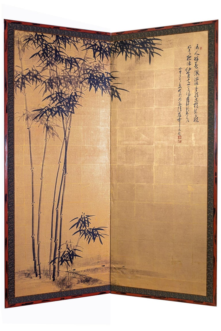 Japanese Two Panel Screen: Bamboo with Calligraphy Poem For Sale at 1stDibs