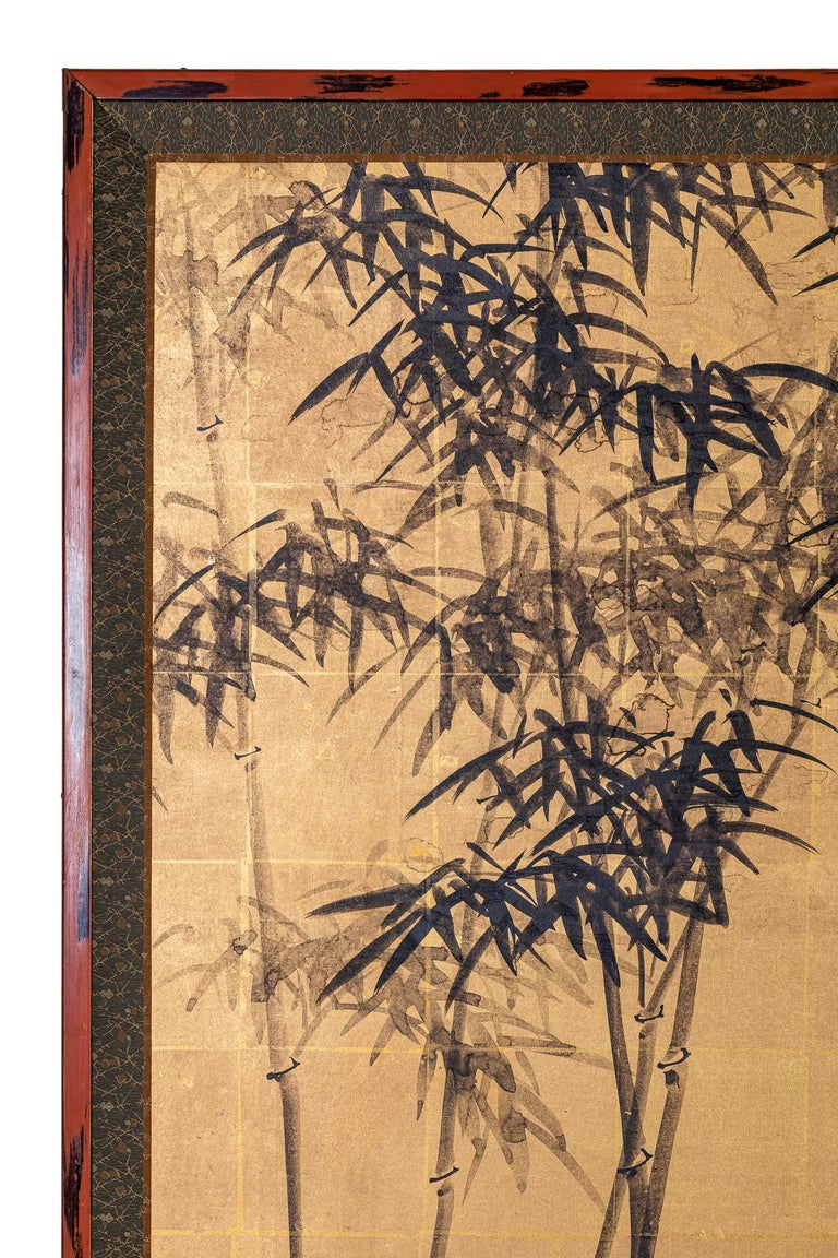 Japanese Two Panel Screen: Bamboo with Calligraphy Poem For Sale at 1stDibs