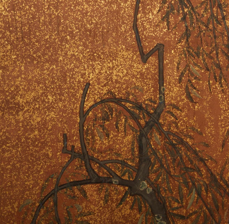 Japanese Two Panel Screen, Cherry Blossoms in Willow Landscape For Sale ...