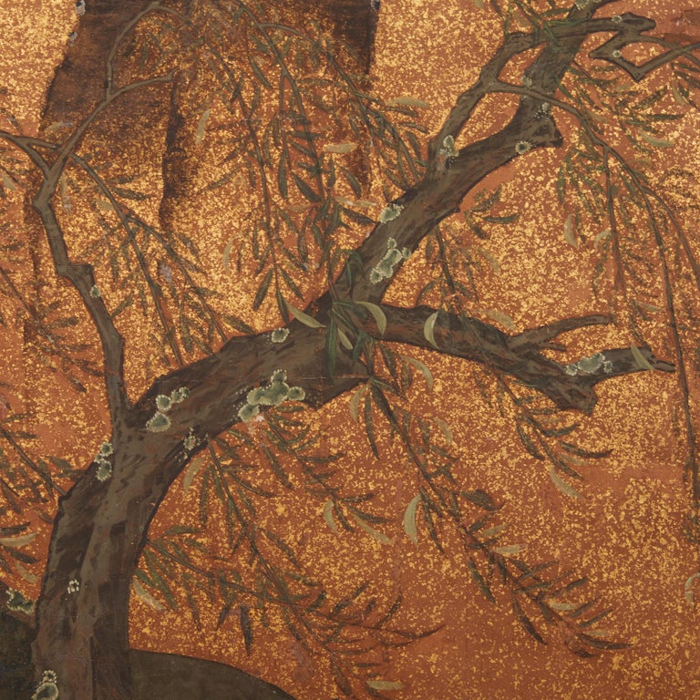 Japanese Two Panel Screen, Cherry Blossoms in Willow Landscape For Sale ...