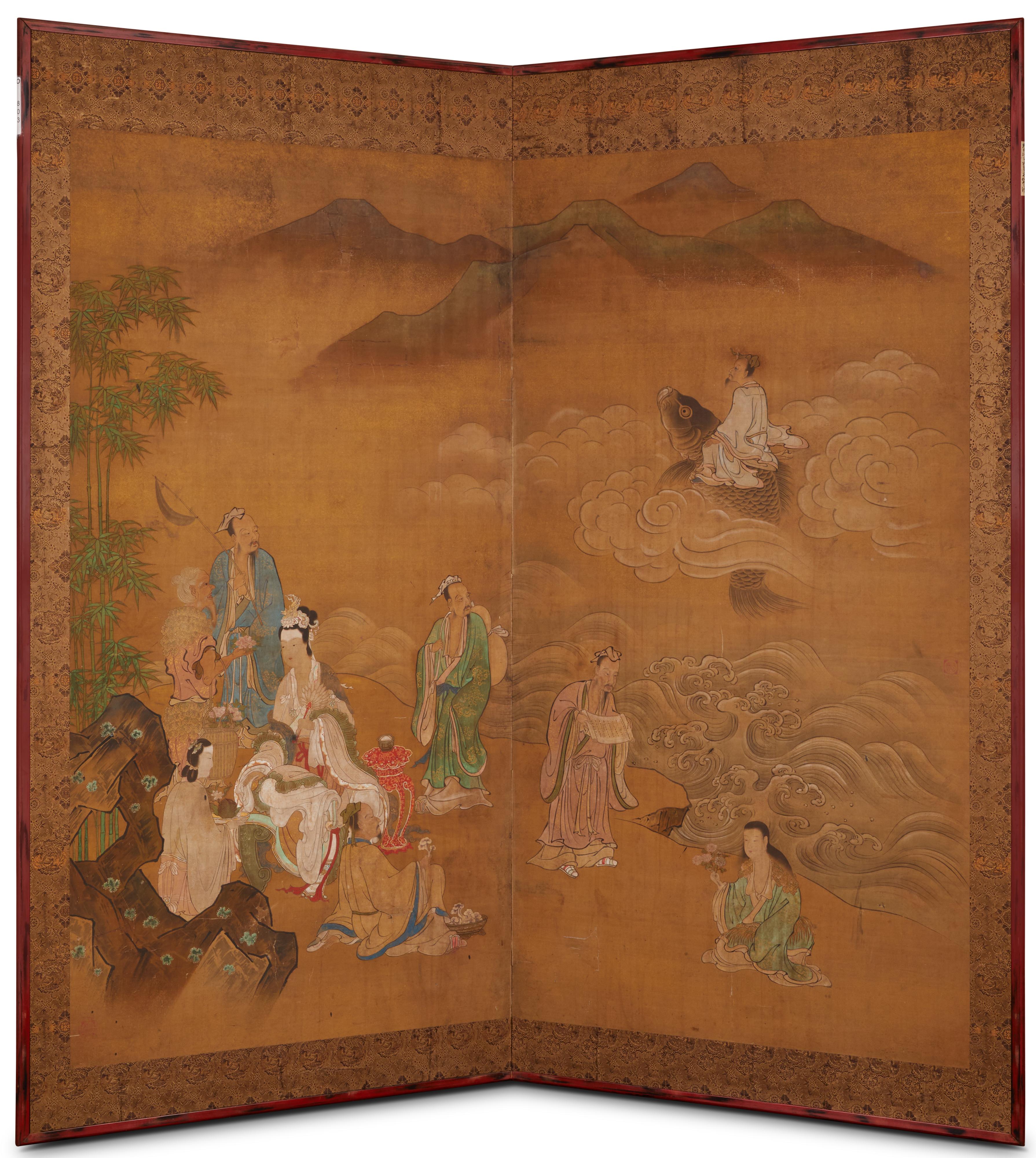 Japanese Two Panel Screen, Chinese Literary Figures in Seascape For ...