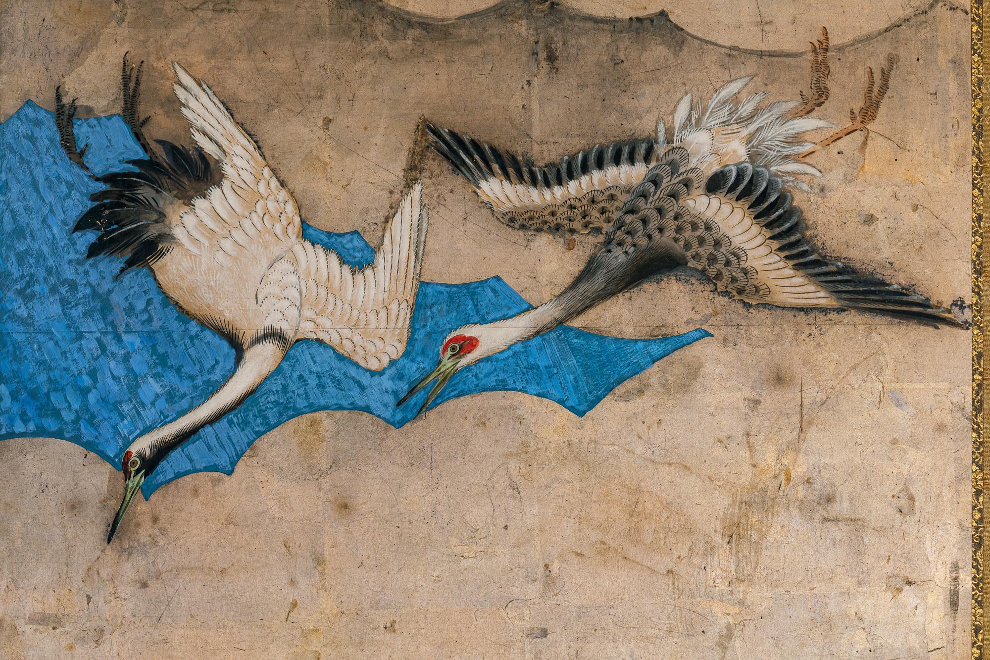 Japanese Two Panel Screen: Cranes Beneath an Orange Sun at 1stDibs