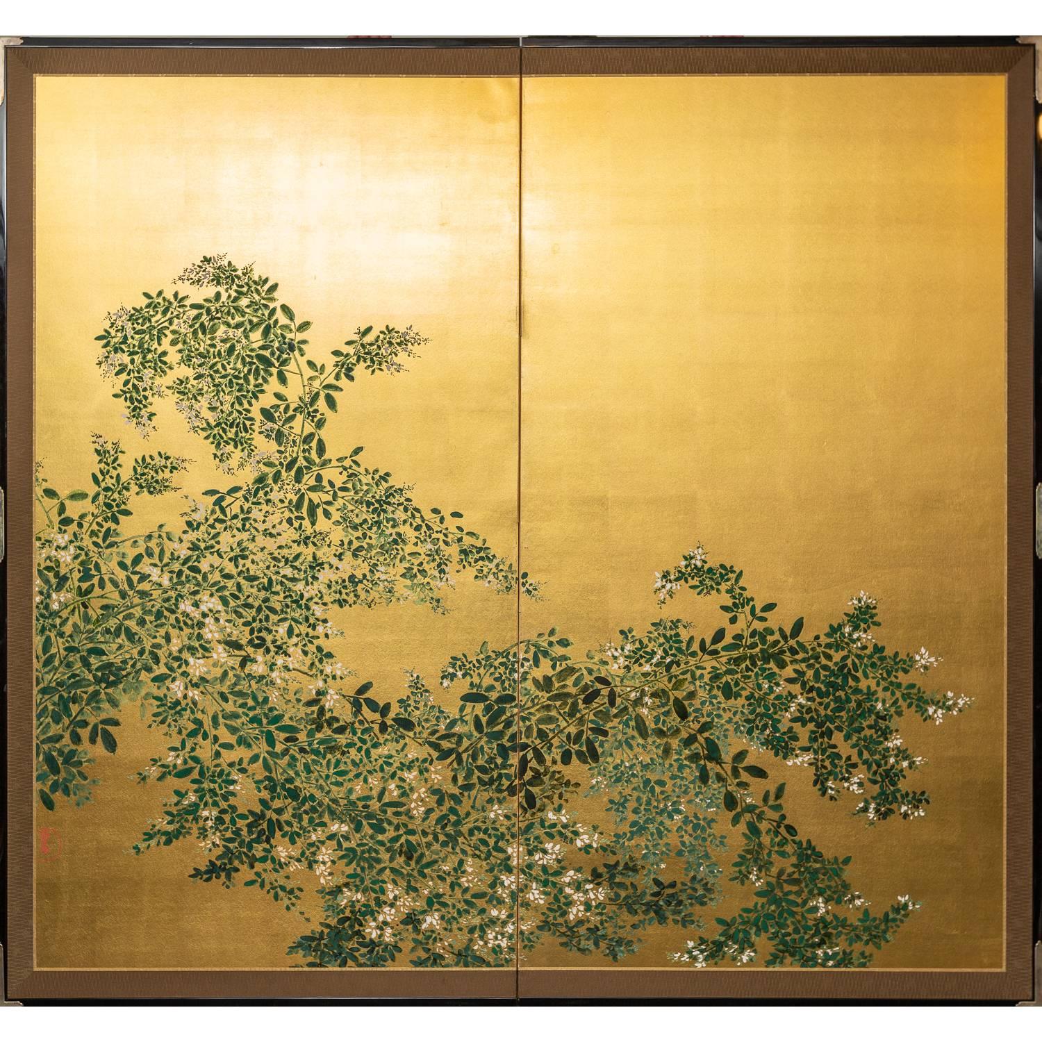 Japanese Two Panel Screen: Flowering Hedge (Japanese Privet) at 1stDibs