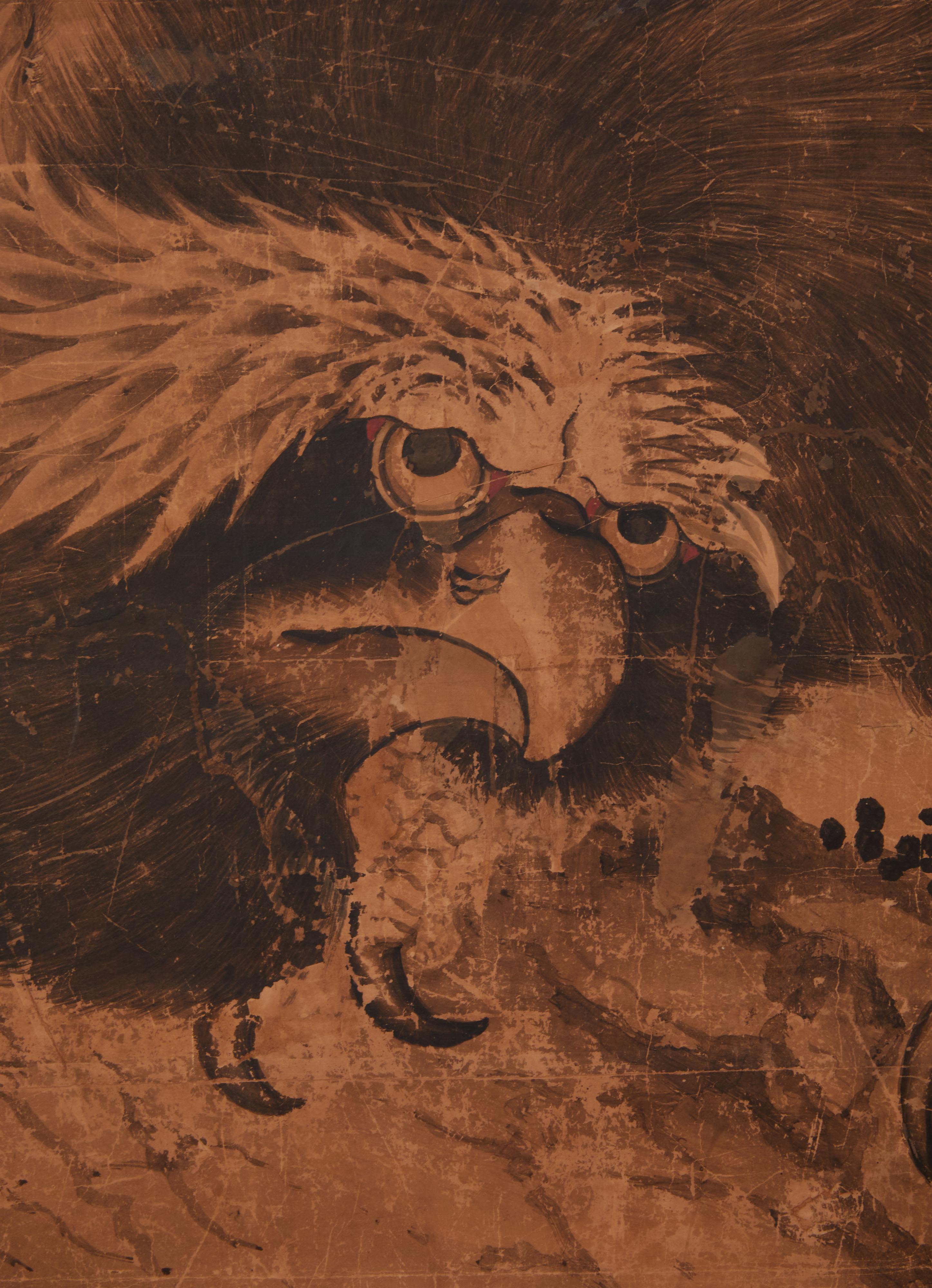 Japanese Two Panel Screen: Hawk Perched in Pine Tree For Sale at 1stDibs