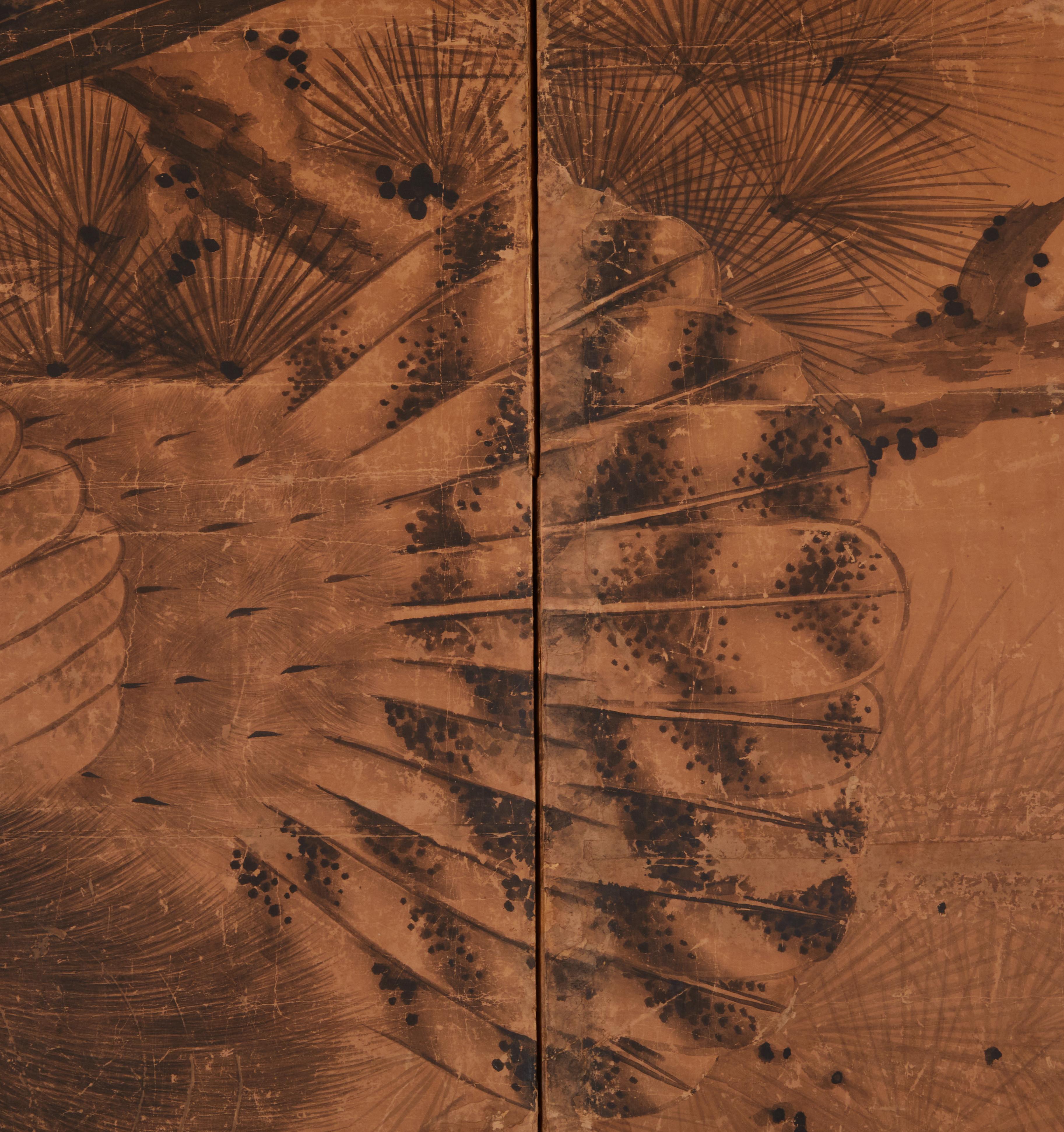 Japanese Two Panel Screen: Hawk Perched in Pine Tree For Sale at 1stDibs
