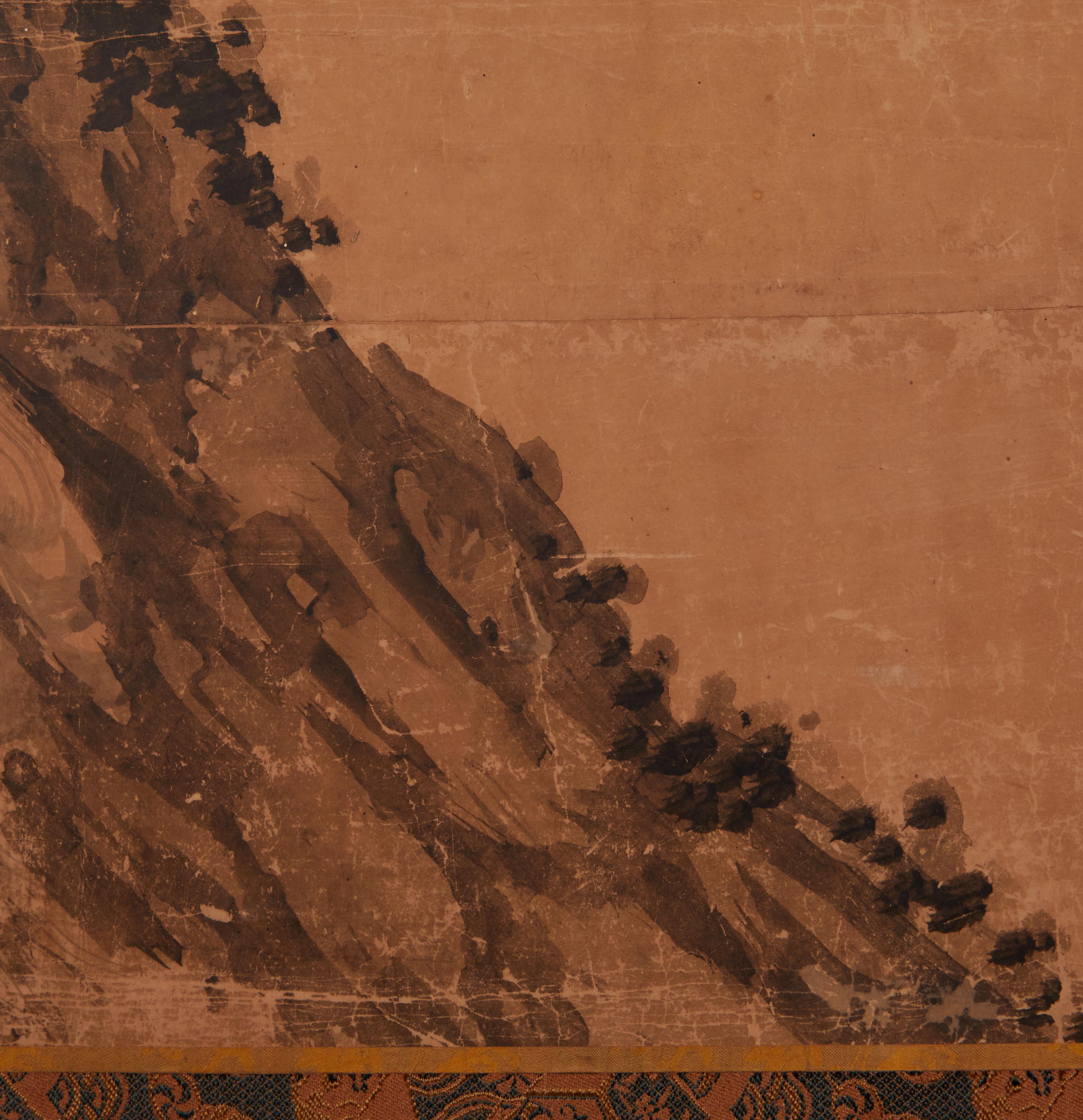 Japanese Two Panel Screen: Hawk Perched in Pine Tree For Sale at 1stDibs