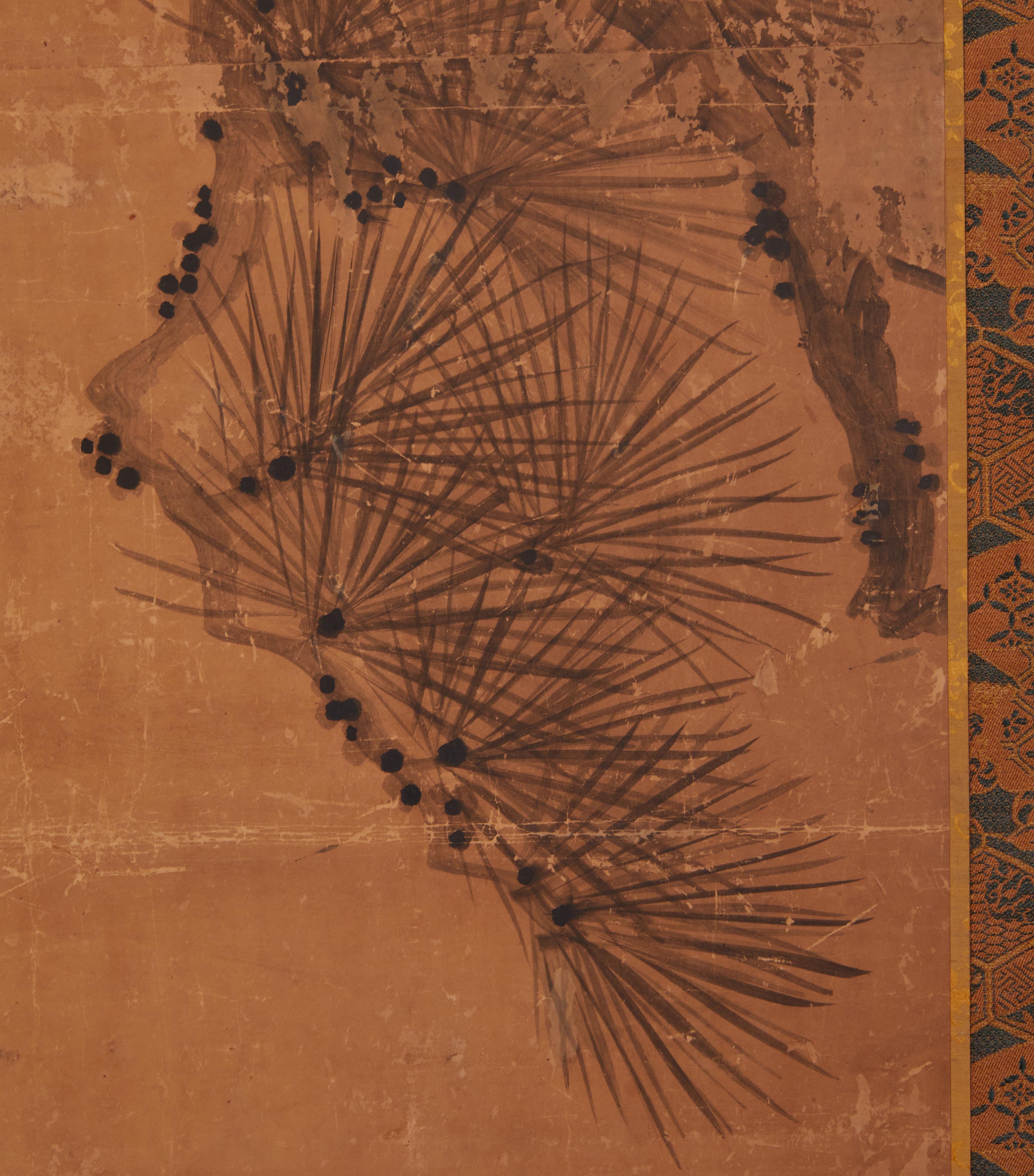 Japanese Two Panel Screen: Hawk Perched in Pine Tree For Sale at 1stDibs
