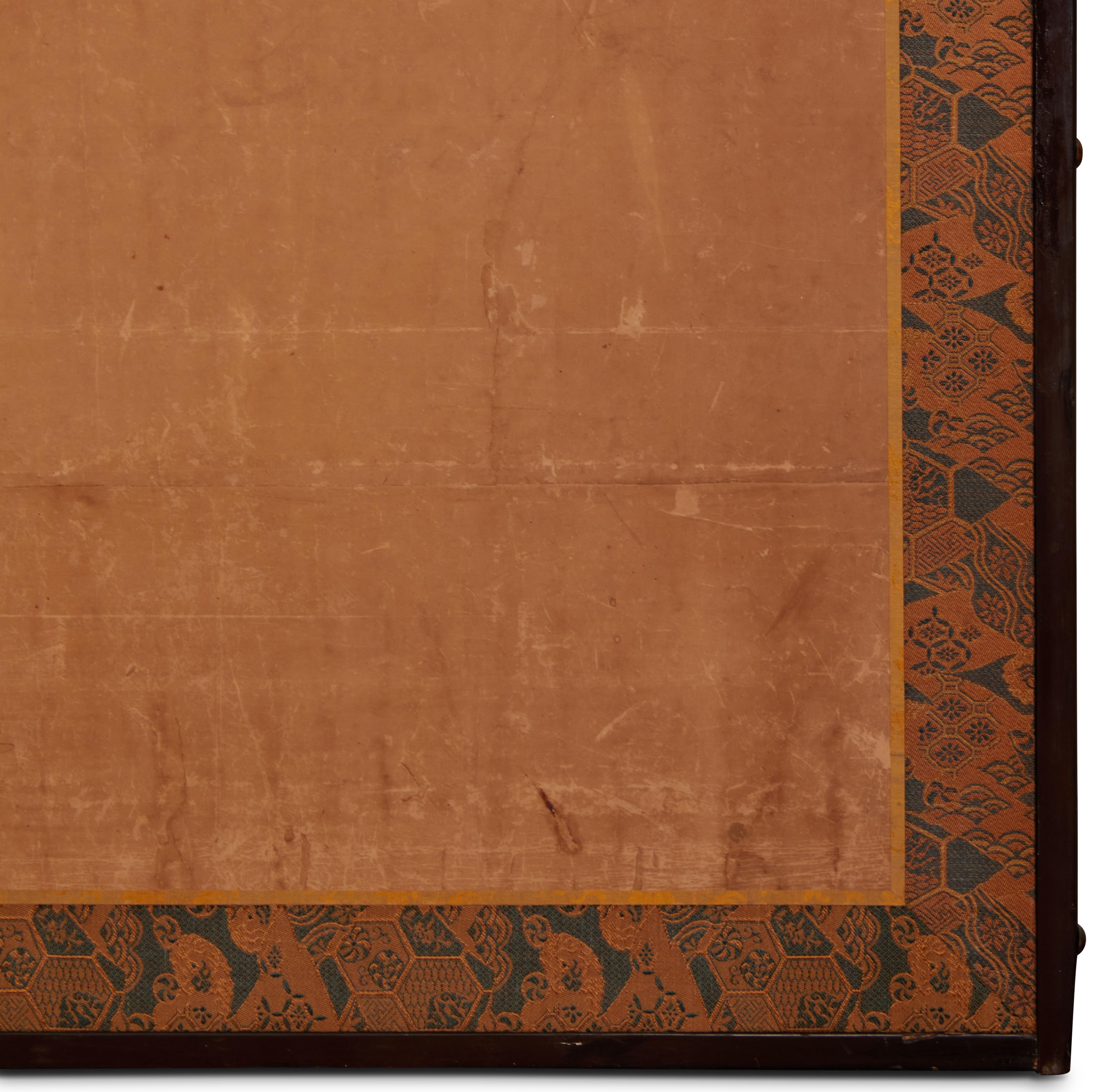 Japanese Two Panel Screen: Hawk Perched in Pine Tree For Sale at 1stDibs