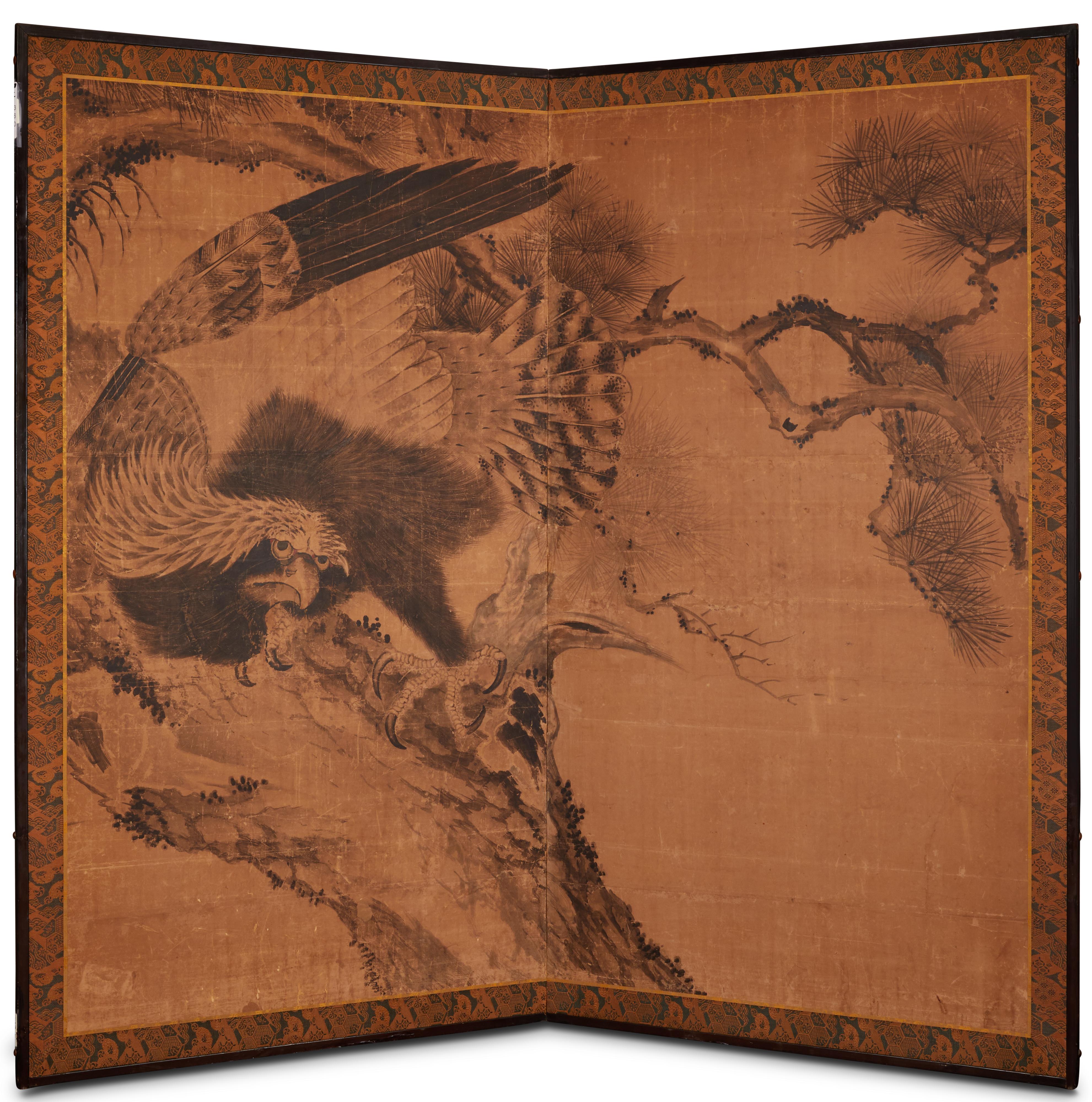 Japanese Two Panel Screen: Hawk Perched in Pine Tree For Sale at 1stDibs