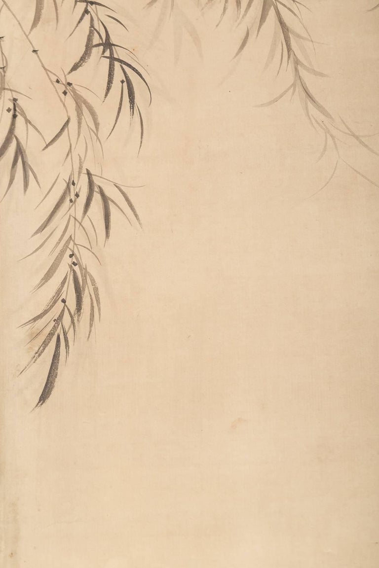 Japanese Two Panel Screen, Heron In Water Lily Pond Under Willow For ...