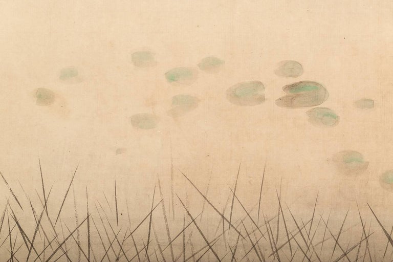 Japanese Two Panel Screen, Heron In Water Lily Pond Under Willow For ...