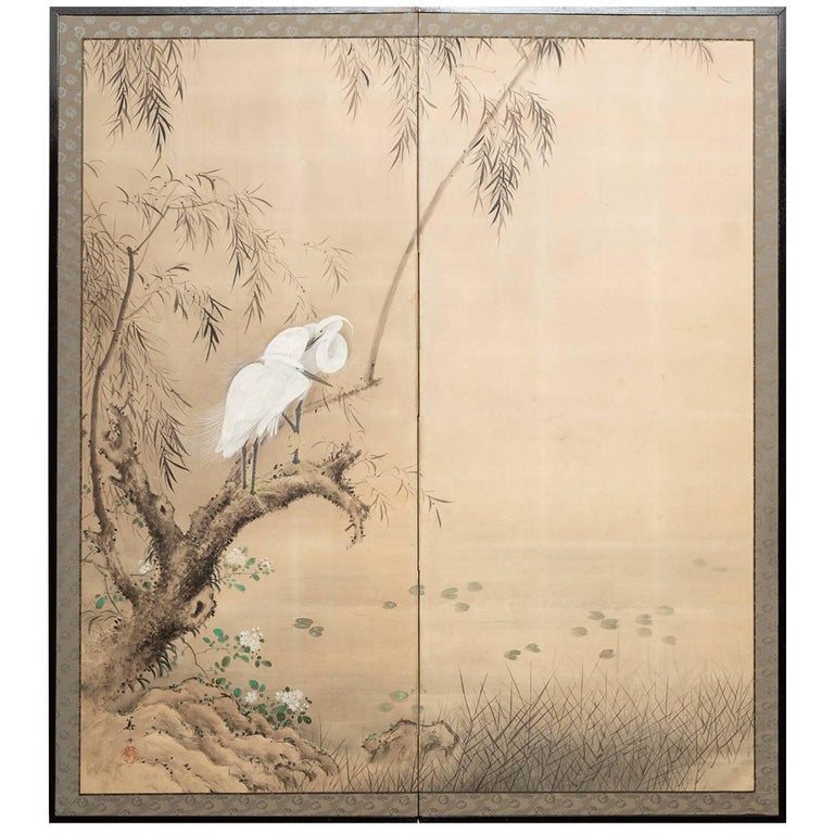 Japanese Two Panel Screen, Herons in Willow by Water Lily Pond at 1stDibs
