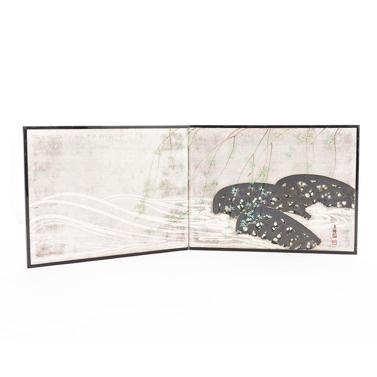 Japanese Two Panel Screen in Silver with Willow Leaf, Stream and Rocks ...