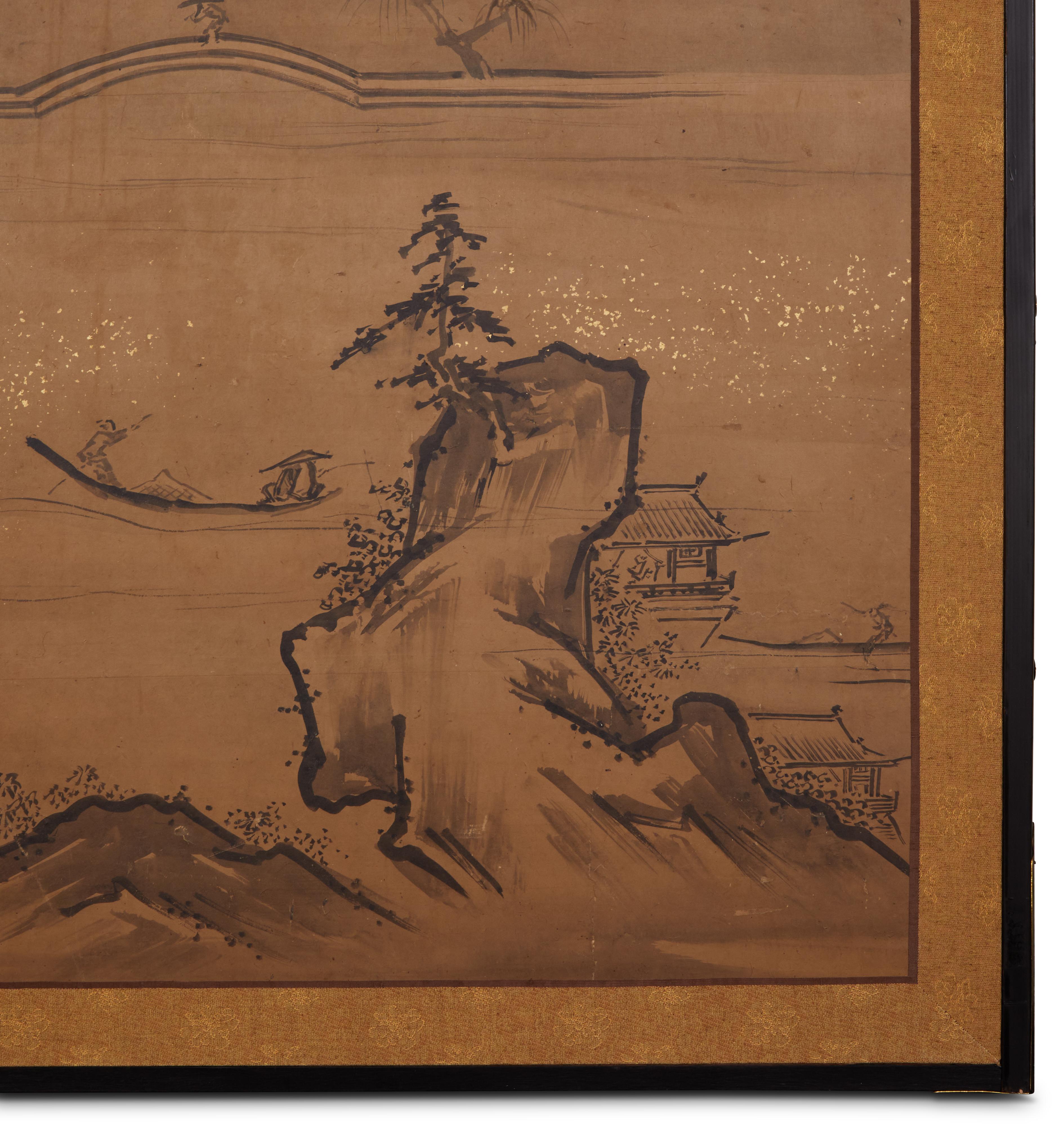 Japanese Two Panel Screen, Ink Landscape on Paper with Gold Dust For ...