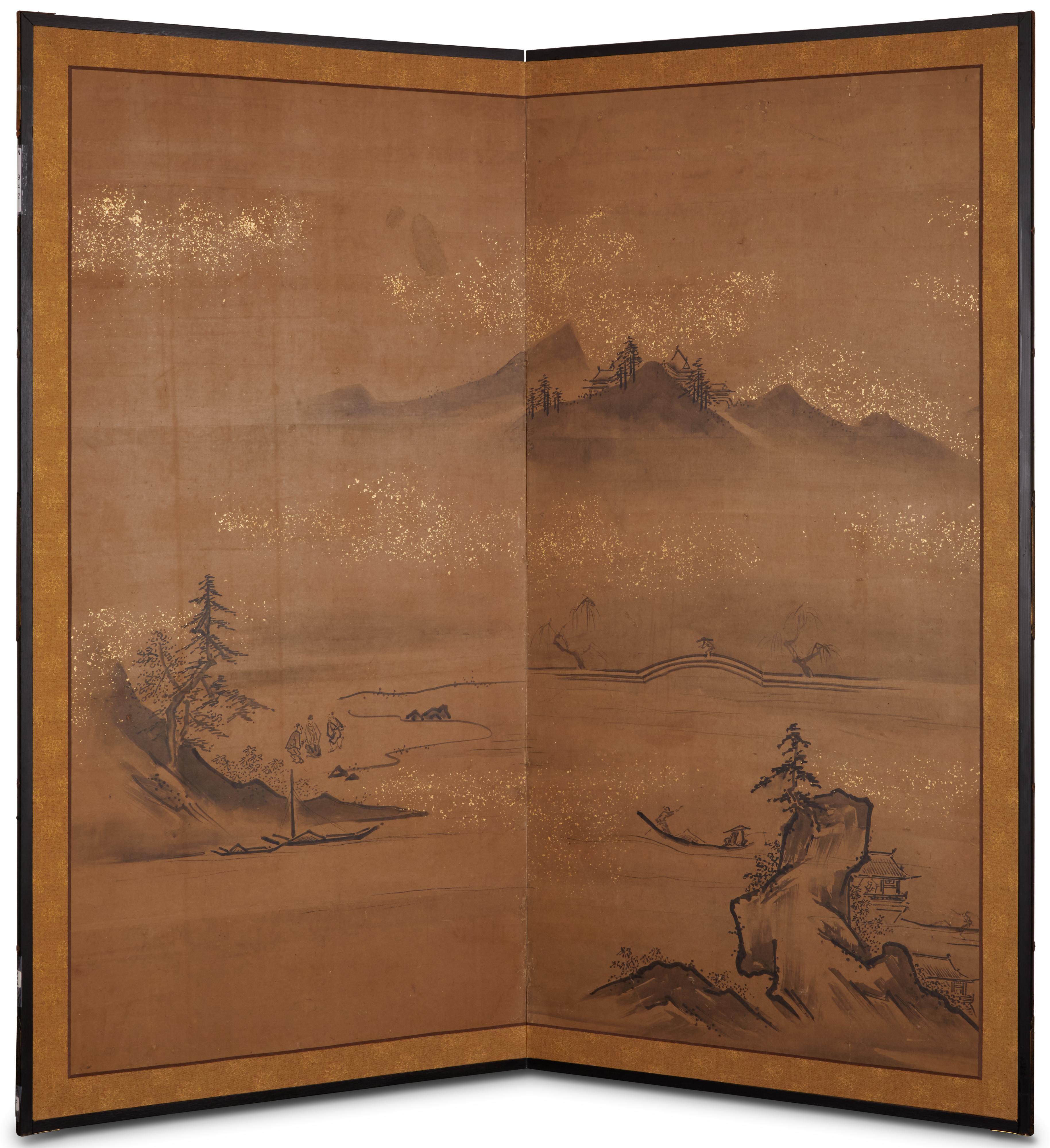 Japanese Two Panel Screen, Ink Landscape on Paper with Gold Dust For ...