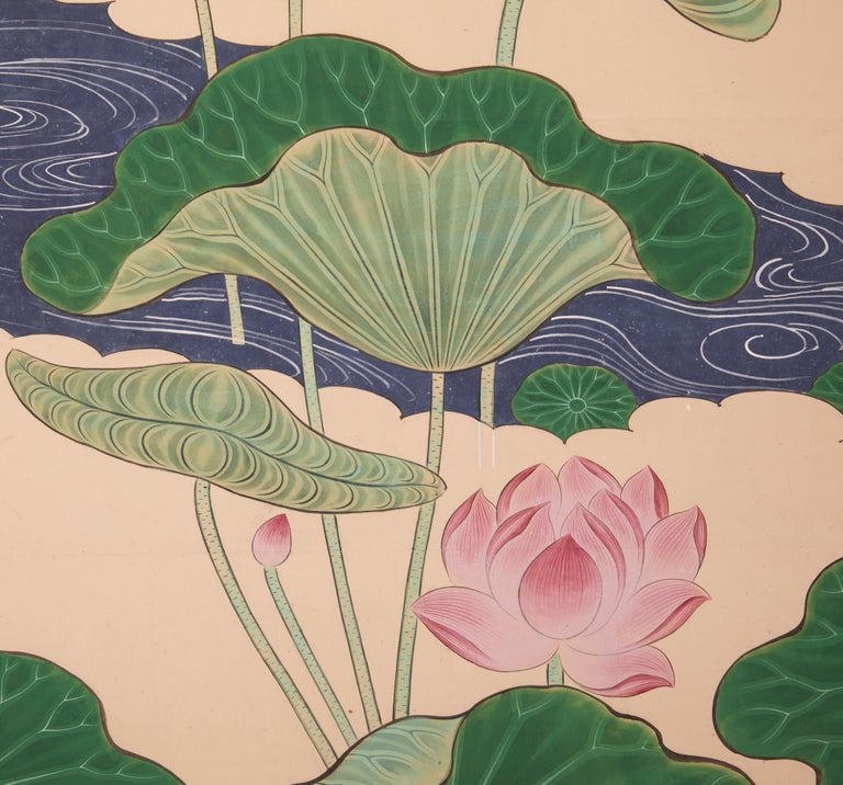 Japanese Two Panel Screen, Lotus Leaves and Blossoms For Sale at 1stDibs