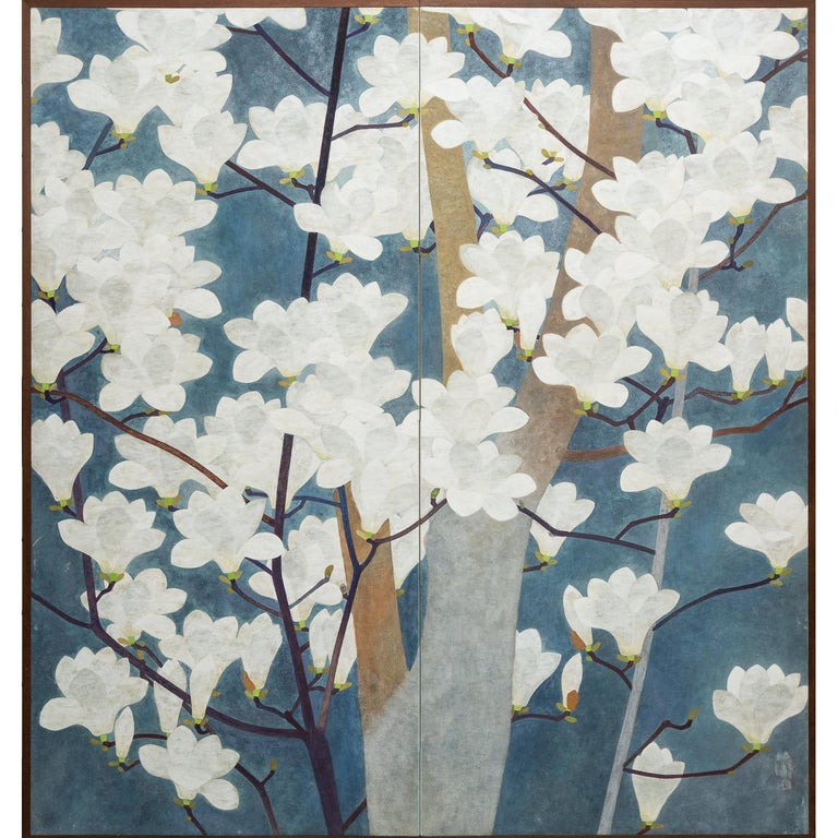 Japanese Two-Panel Screen, Magnolia in Bloom at 1stDibs