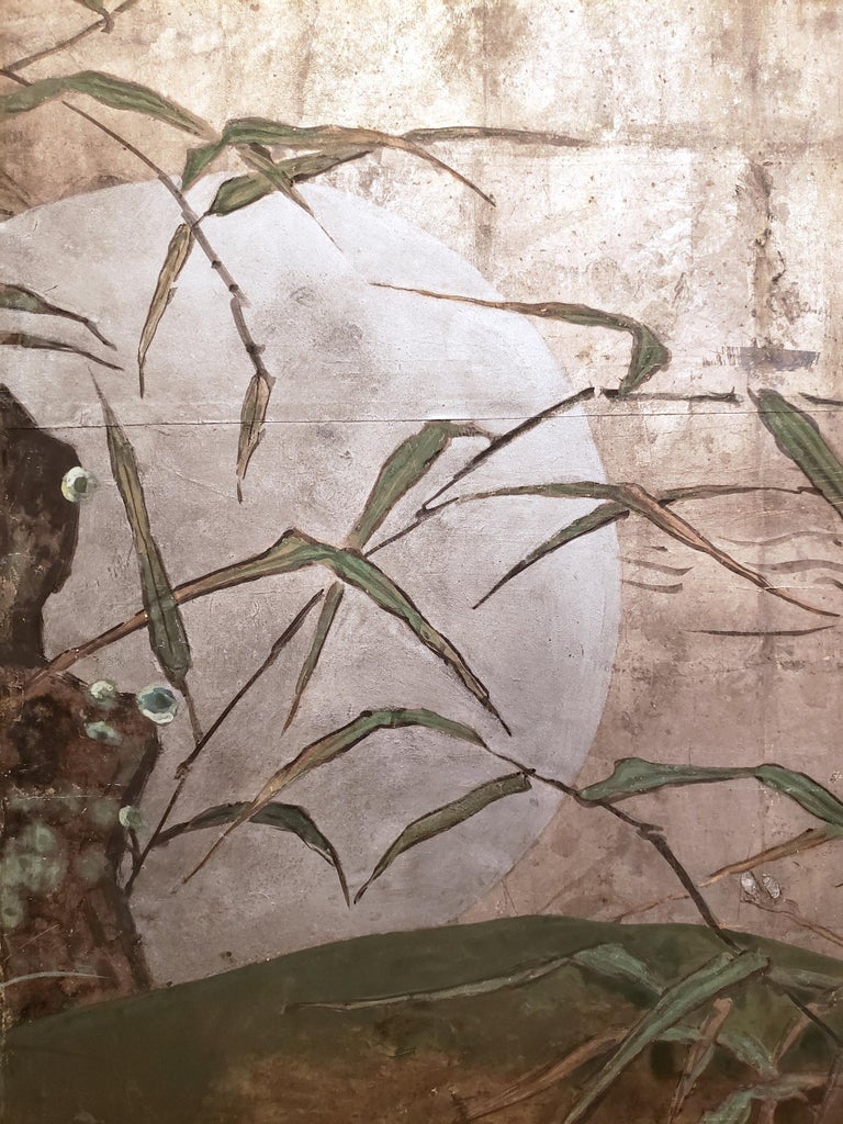Japanese Two Panel Screen: Moon Rising Through Bamboo On Silver Leaf at ...