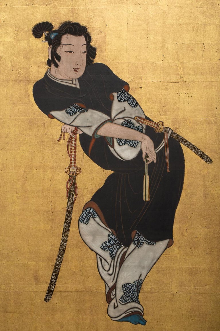 Japanese Two Panel Screen, Nobles at Leisure at 1stDibs
