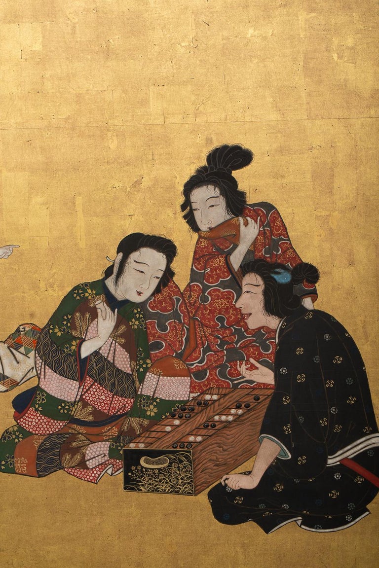 Japanese Two Panel Screen, Nobles at Leisure at 1stDibs