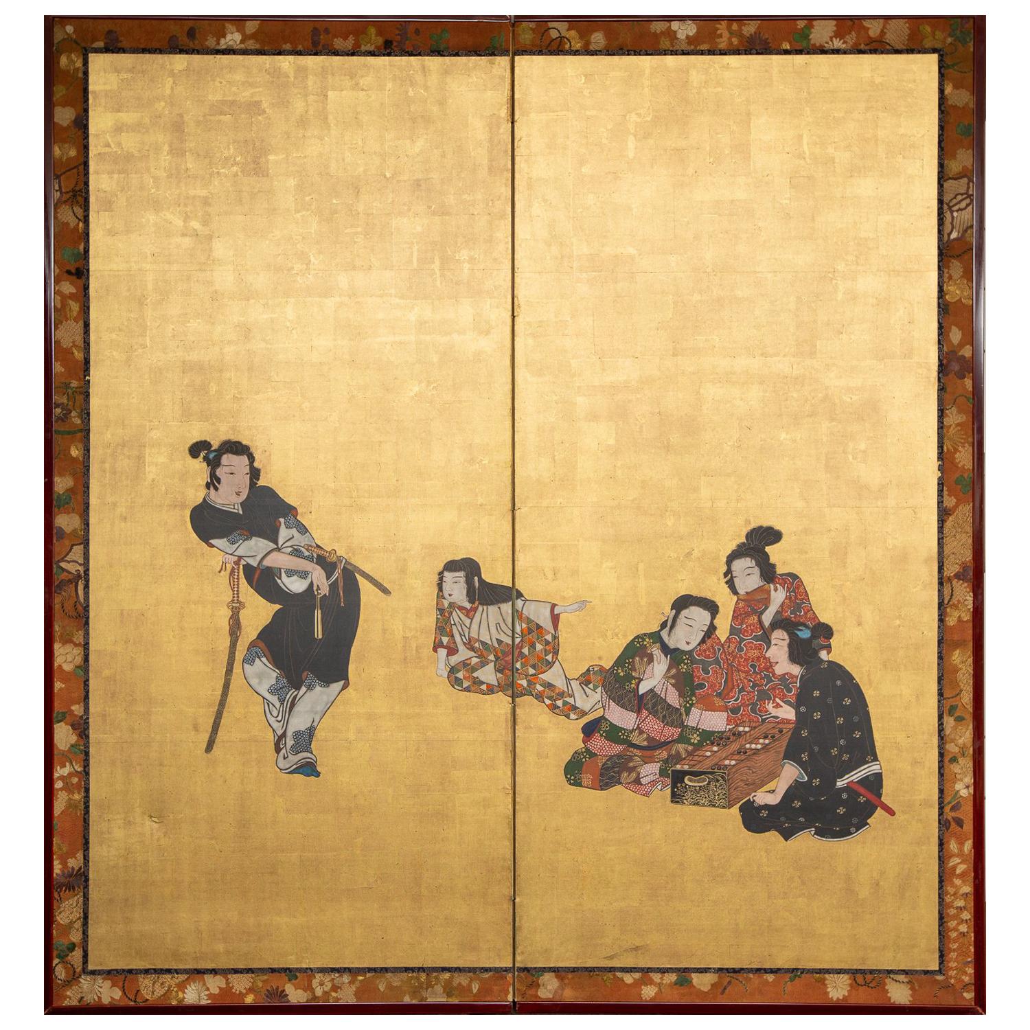 Japanese Two Panel Screen, Nobles at Leisure at 1stDibs