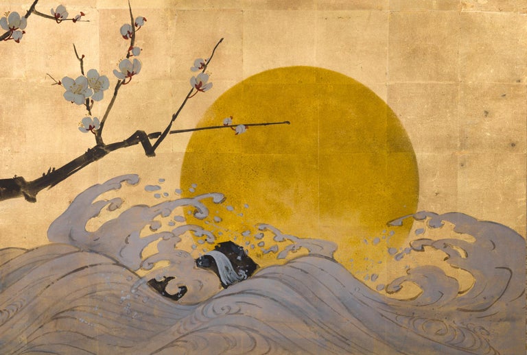 Japanese Two Panel Screen Ocean Landscape, Rising Sun and Plum Branch ...