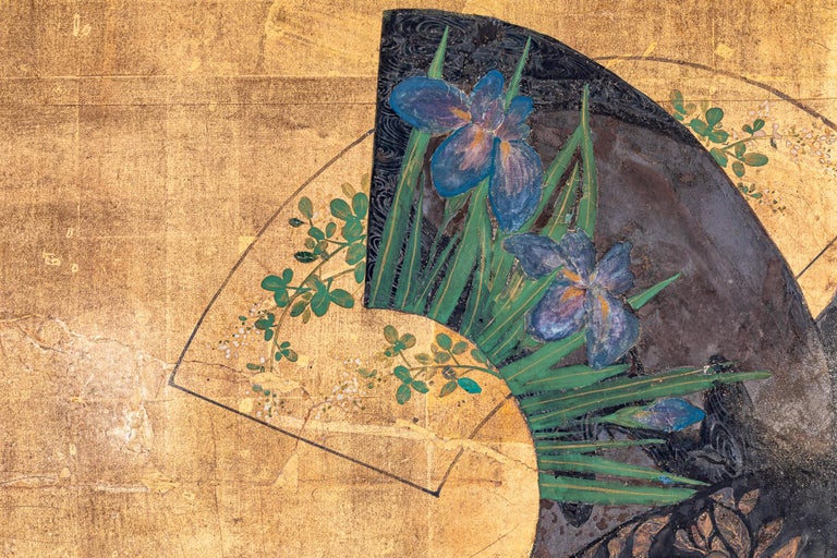 Japanese Two Panel Screen: Painted Fans on Gold Leaf For Sale at 1stDibs