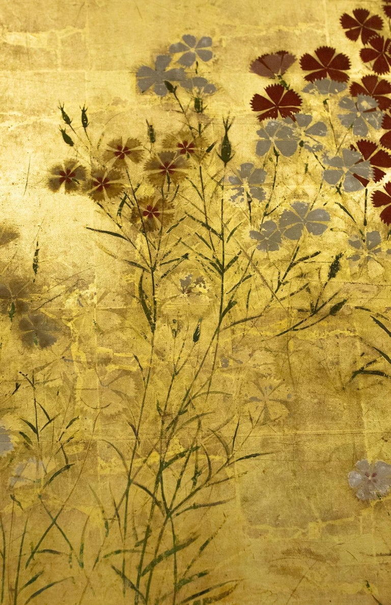 Japanese Two-Panel Screen, Rimpa Nadeshiko Flowers on Heavy Gold Leaf ...