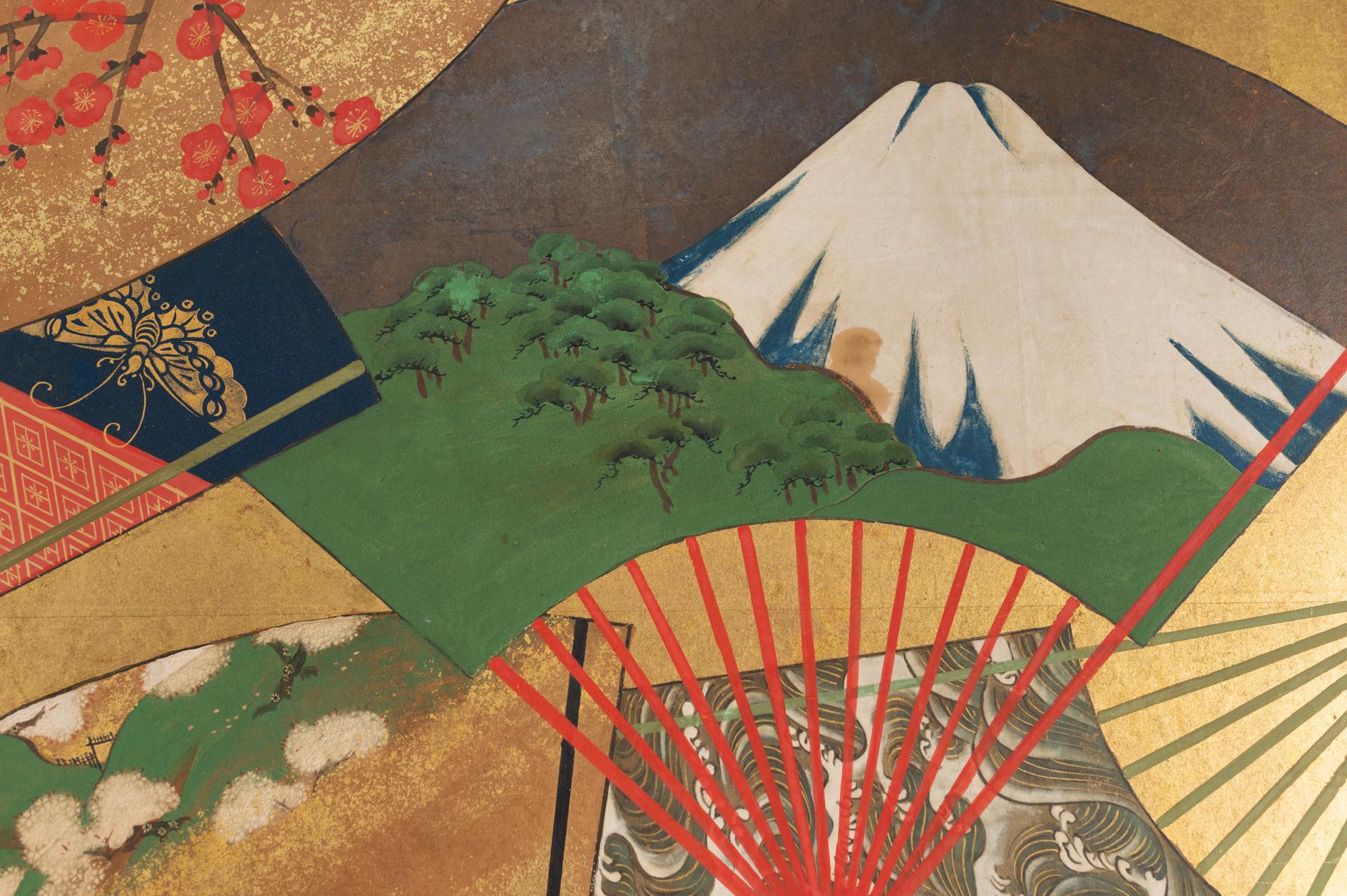 Japanese Two-Panel Screen Rimpa Painting of Fans on Gold at 1stDibs
