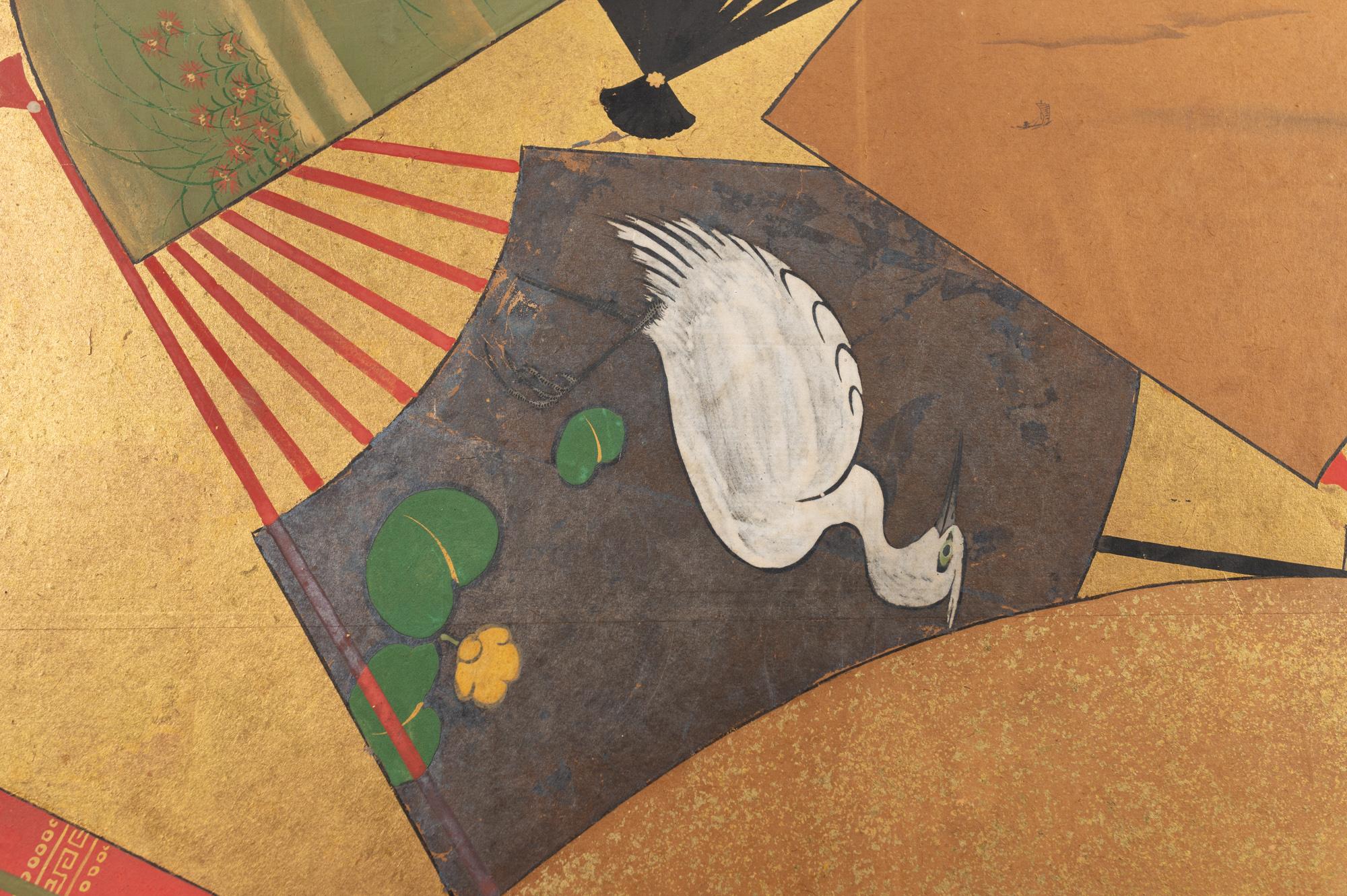 Japanese Two-Panel Screen Rimpa Painting of Fans on Gold at 1stDibs