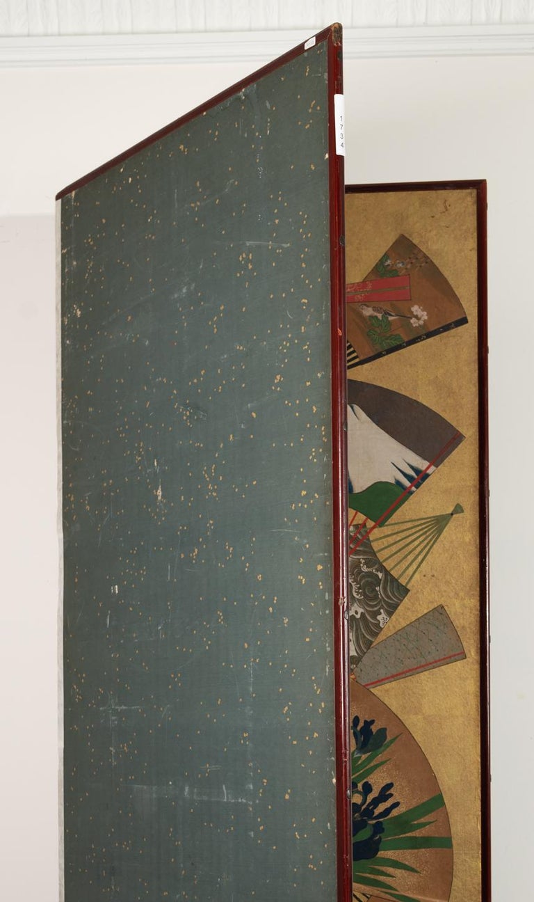 Japanese Two-Panel Screen Rimpa Painting of Fans on Gold at 1stDibs