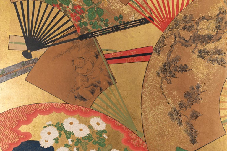Japanese Two-Panel Screen Rimpa Painting of Fans on Gold at 1stDibs