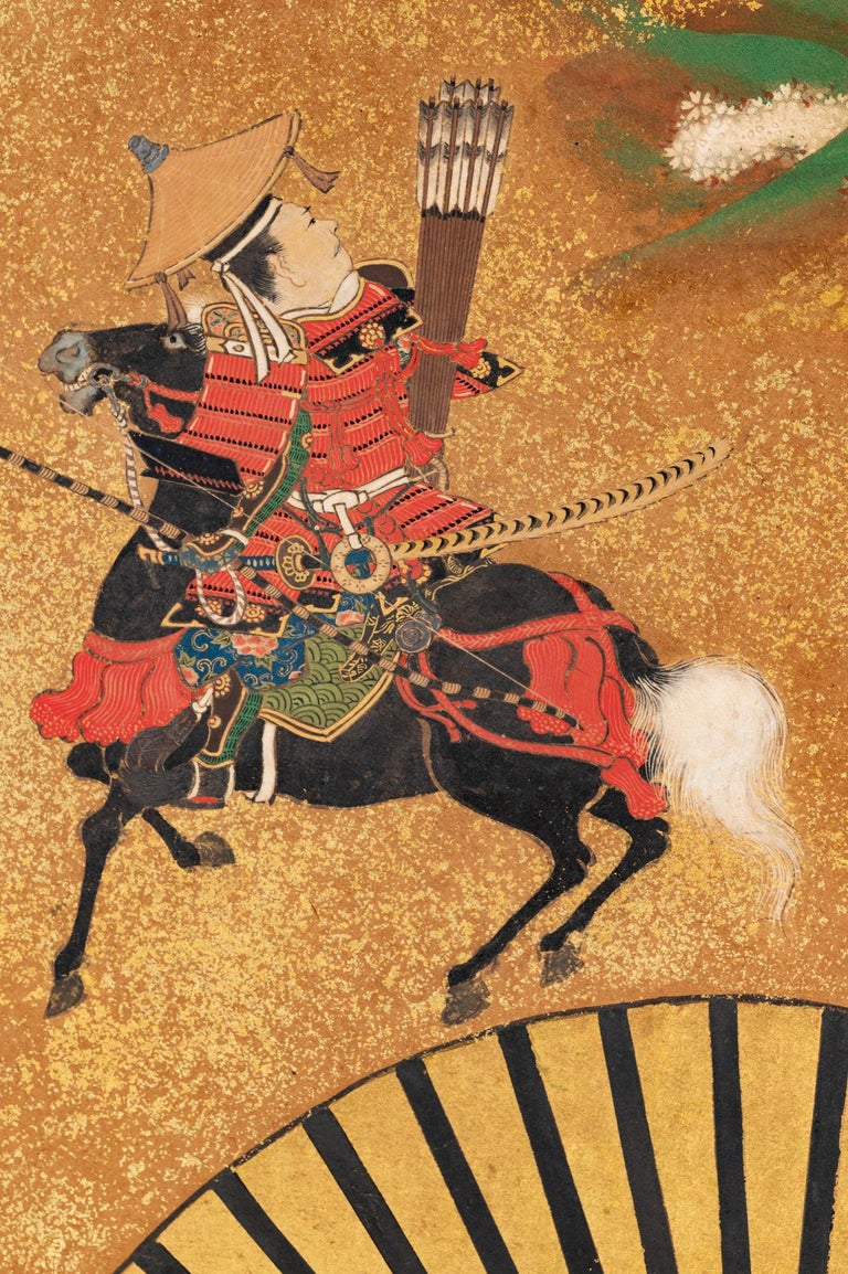Japanese Two-Panel Screen Rimpa Painting of Fans on Gold at 1stDibs