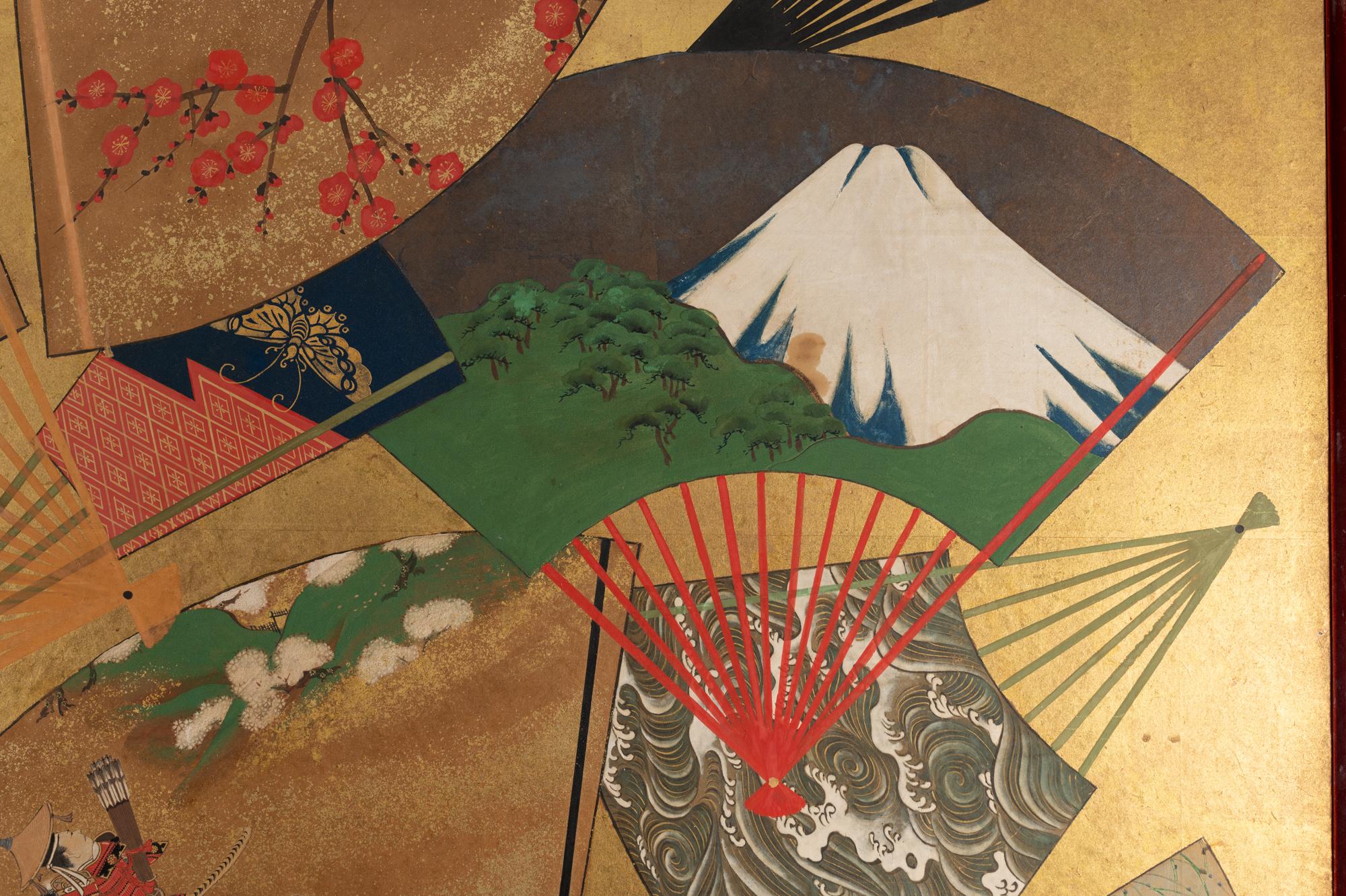 Japanese Two-Panel Screen Rimpa Painting of Fans on Gold at 1stDibs