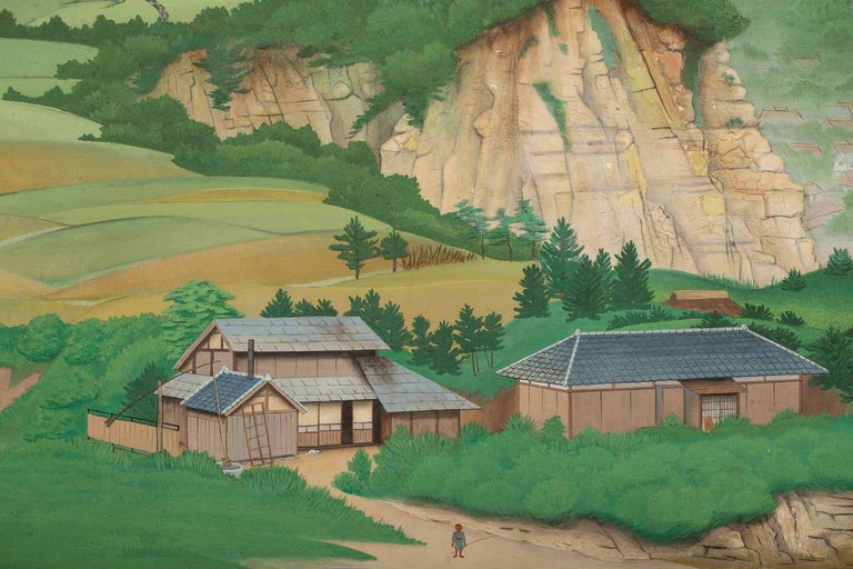 Japanese Two Panel Screen, Scene from Ainu Fishing Village 'Northern ...