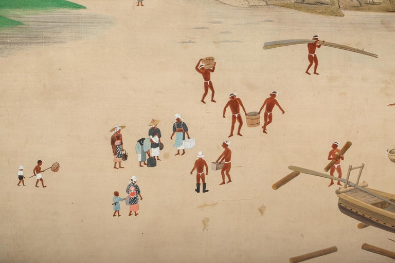 Japanese Two Panel Screen, Scene from Ainu Fishing Village 'Northern ...