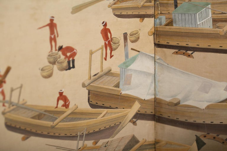 Japanese Two Panel Screen, Scene from Ainu Fishing Village 'Northern ...