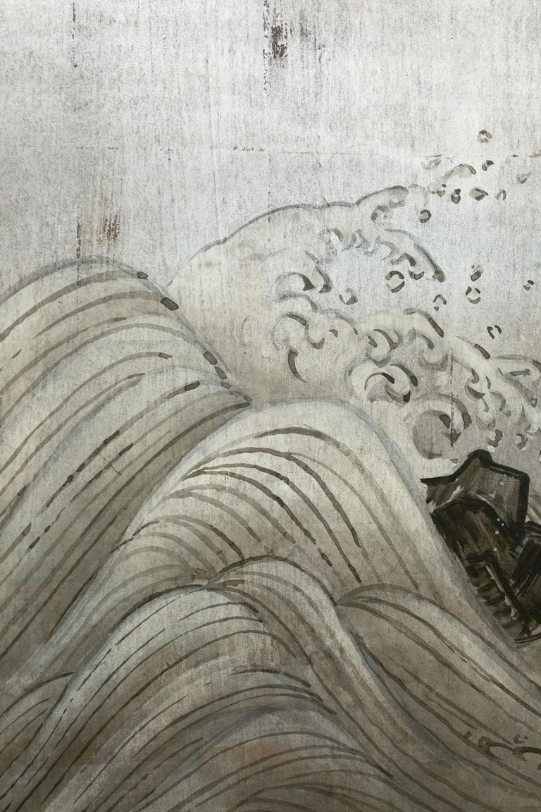 Japanese Two-Panel Screen Stylized Waves on Silver Leaf and Golden Sun ...