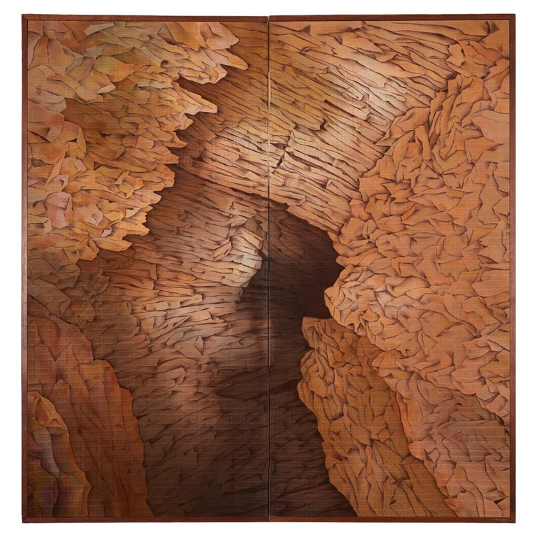 Japanese Two Panel Screen: White Tiger Grotto For Sale at 1stDibs