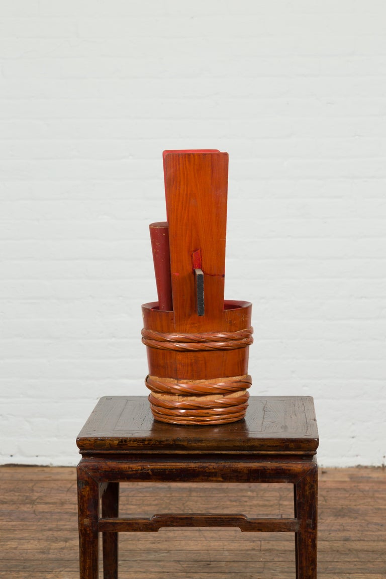 Japanese Vintage Sake Storage Jug with Red Lacquer and Calligraphy ...