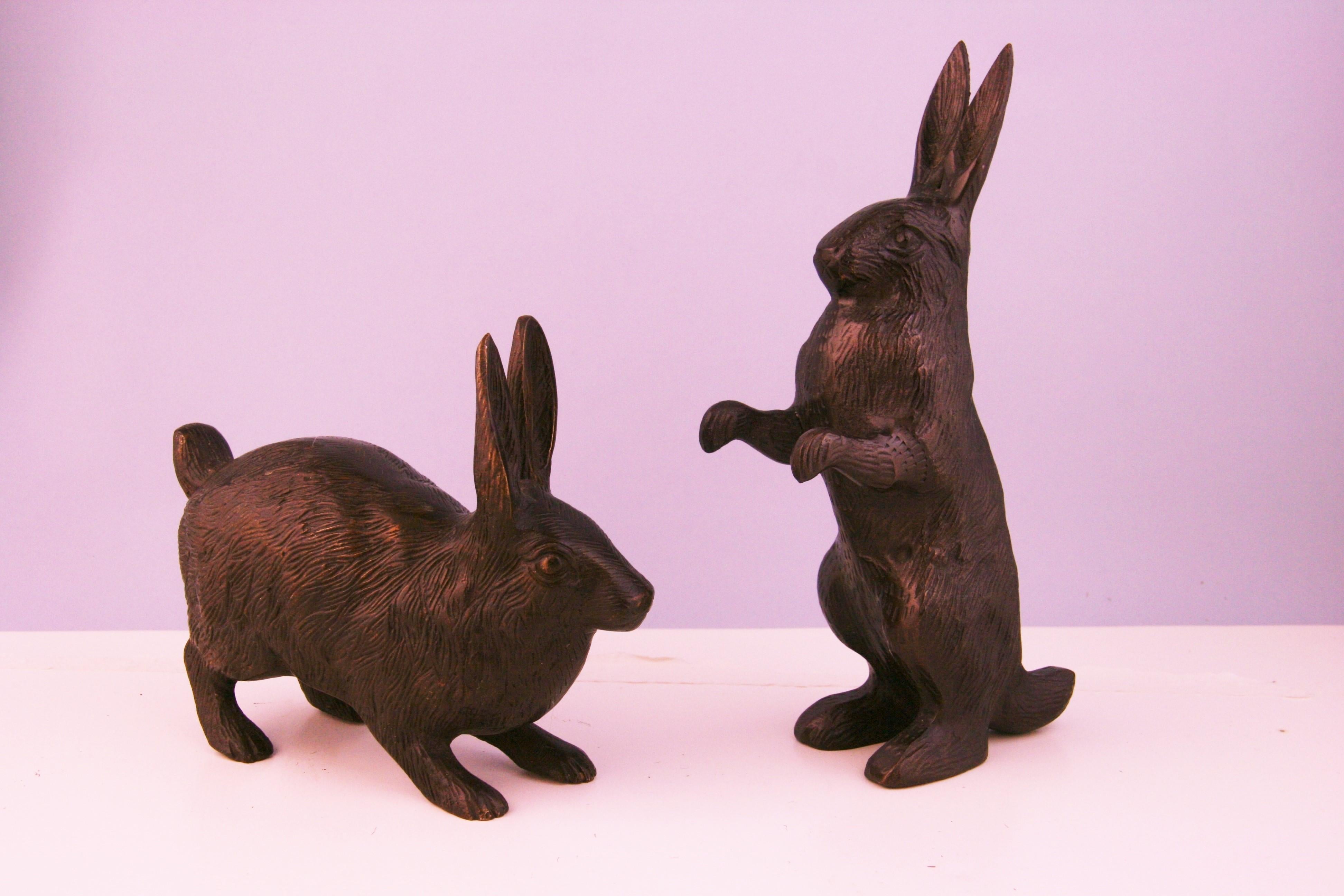 Japanese Vintage Old Pair Bronze Garden Rabbits at 1stDibs