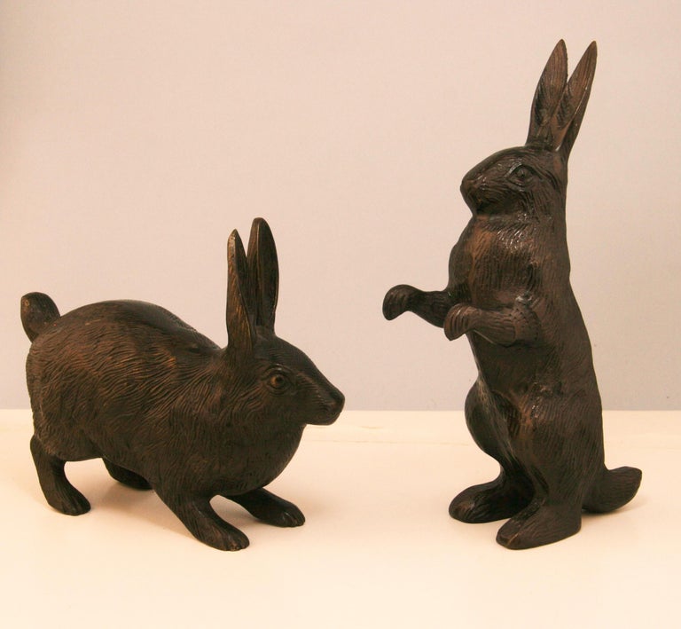 Japanese Vintage Old Pair Bronze Garden Rabbits at 1stDibs