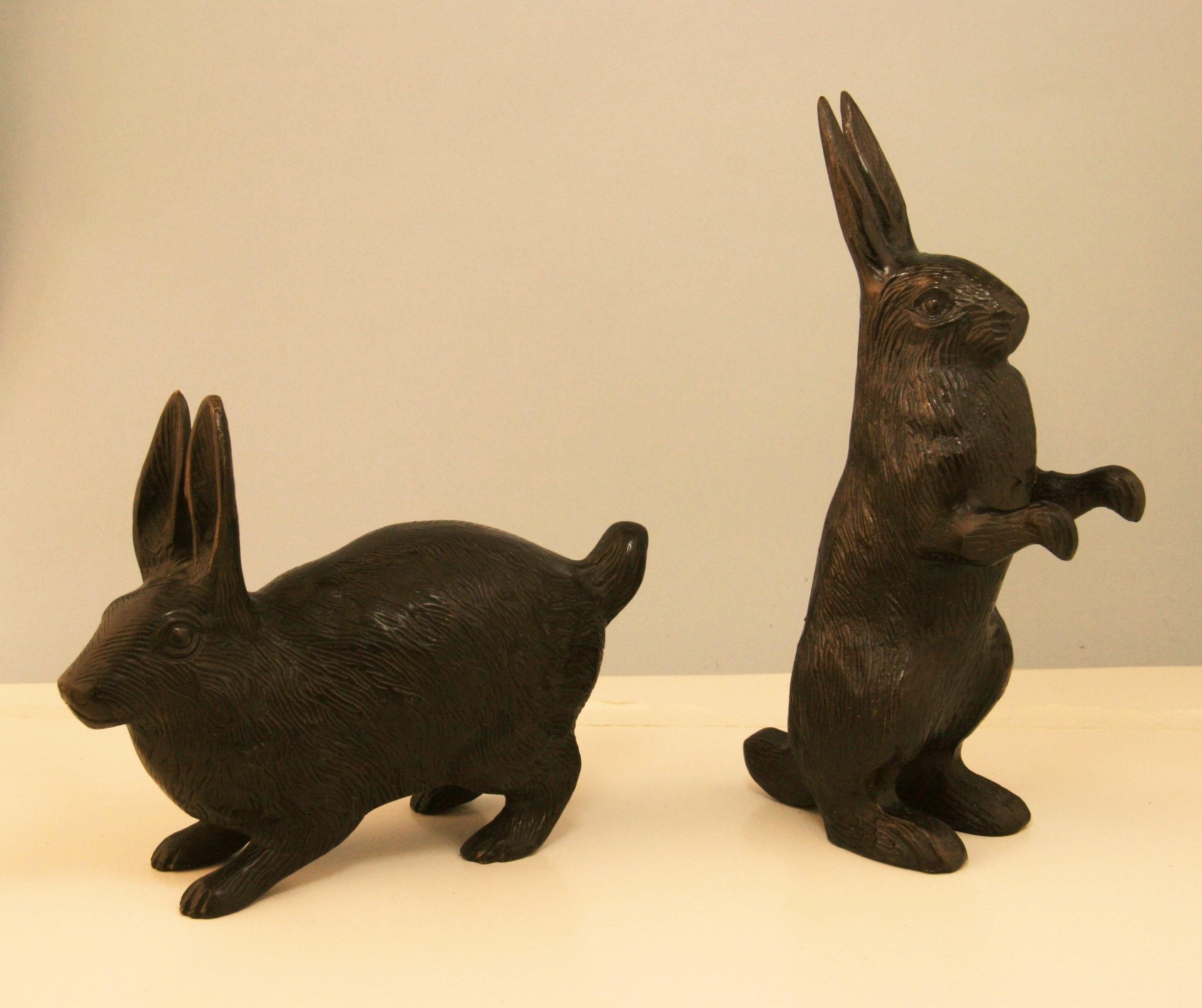 Japanese Vintage Old Pair Bronze Garden Rabbits at 1stDibs