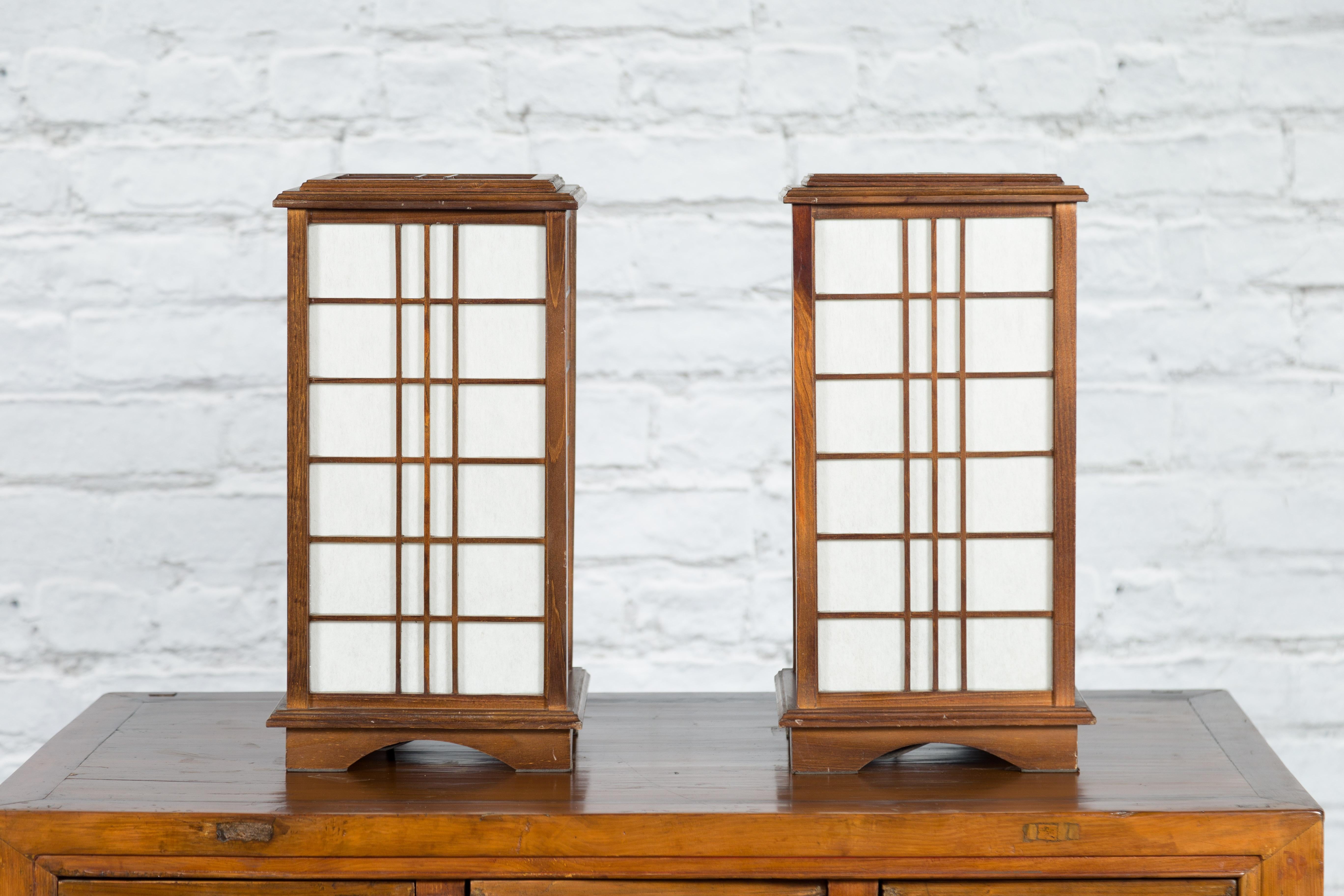 Japanese Vintage Square Two-Lights Lamps with Rice Paper Panels, Sold ...